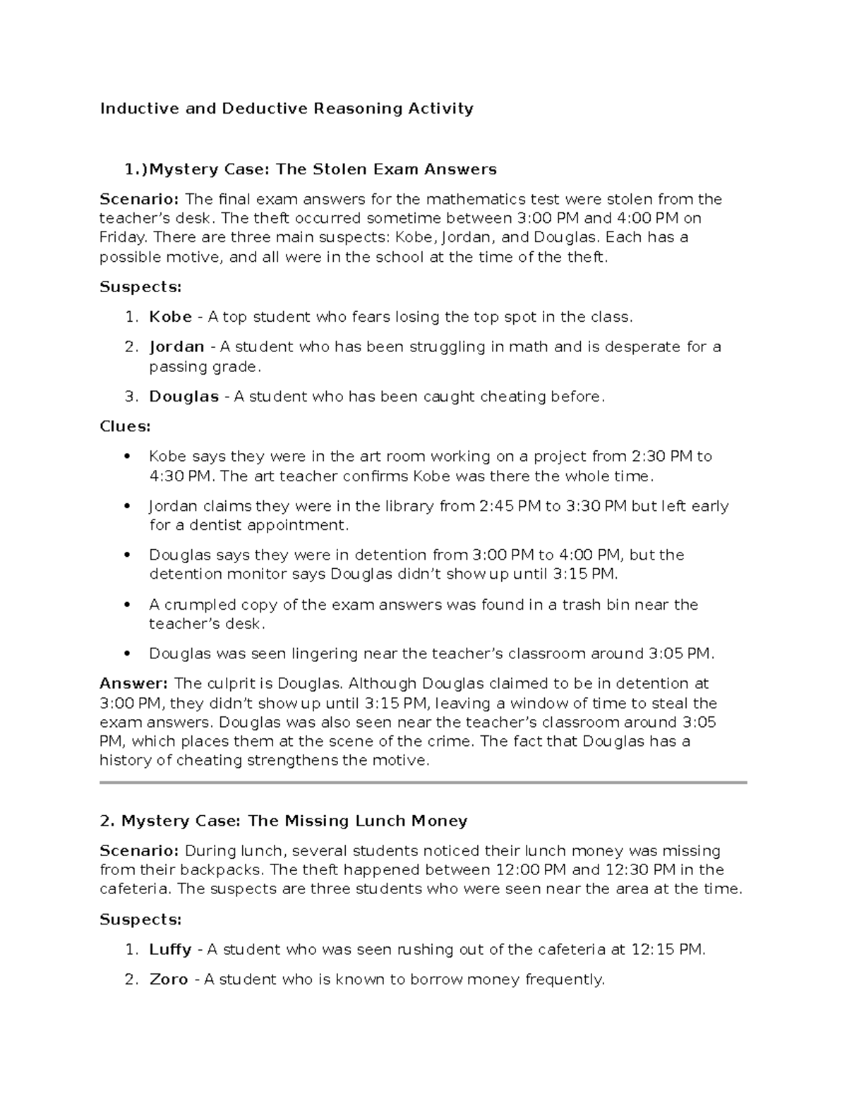 Inductive and Deductive Reasoning Activity 2: Mystery Cases Analysis ...