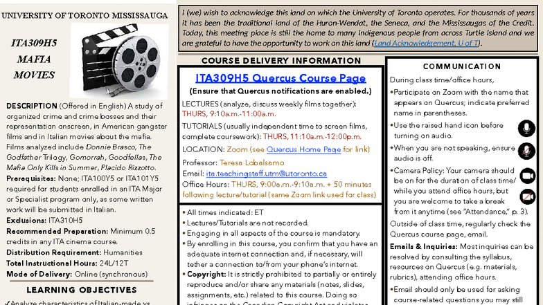 ITA309H5 Land Acknowledgement and Course Overview on Organized Crime ...