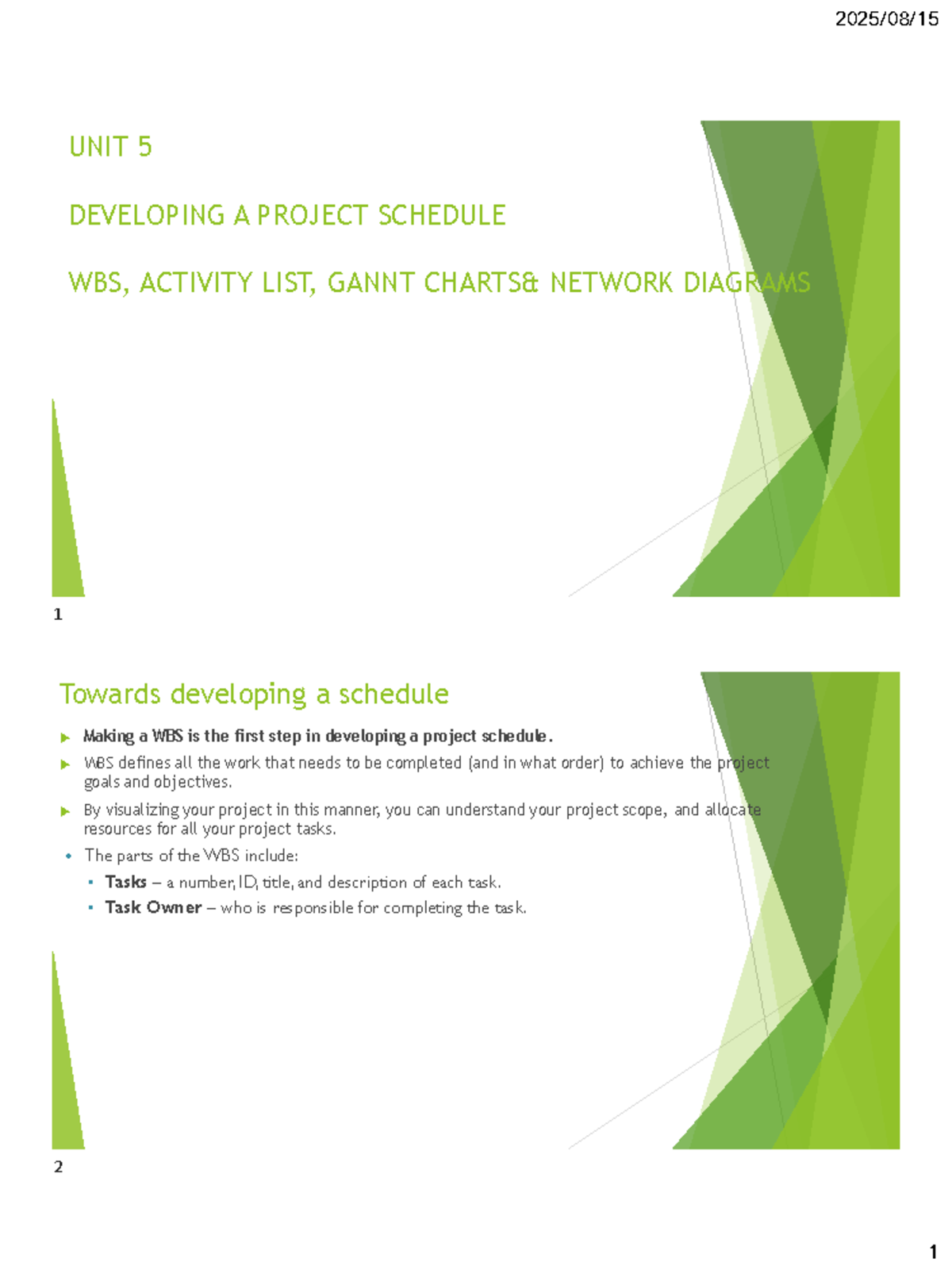 Developing a Project Schedule: WBS, Activity Lists & Gantt Charts - Studocu