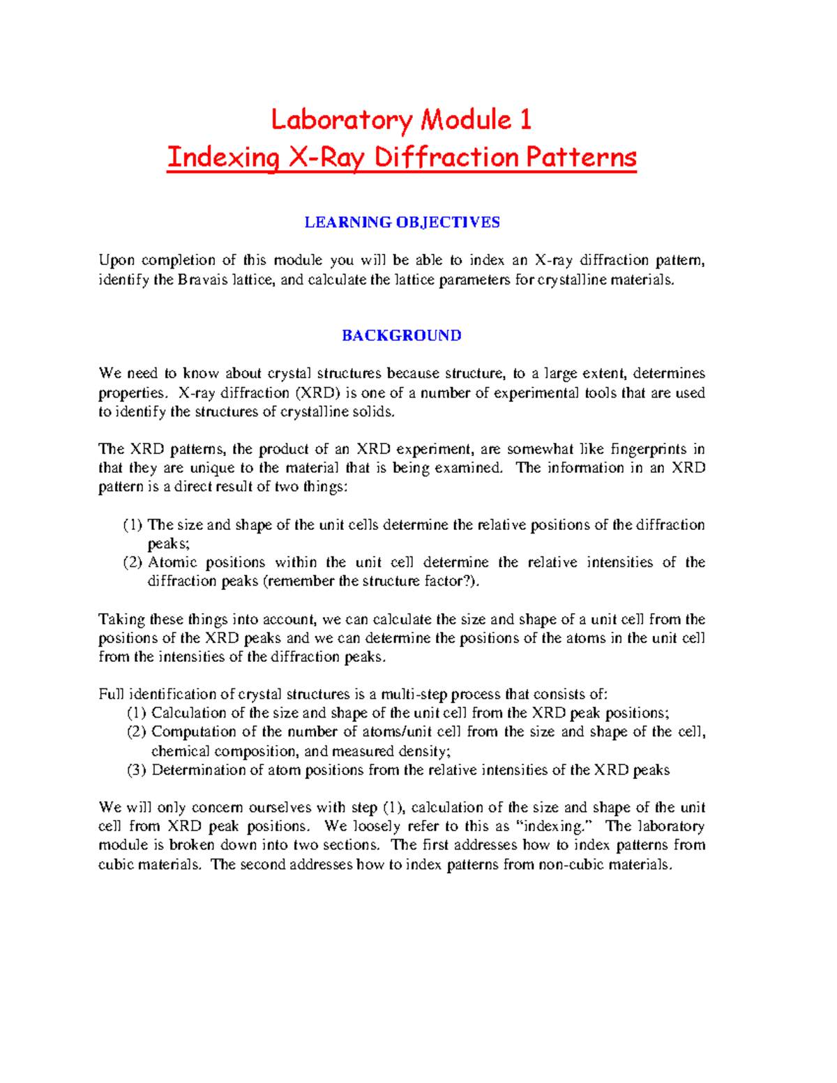 Indexing XRD Patterns: Laboratory Module 1 Guide - Studocu