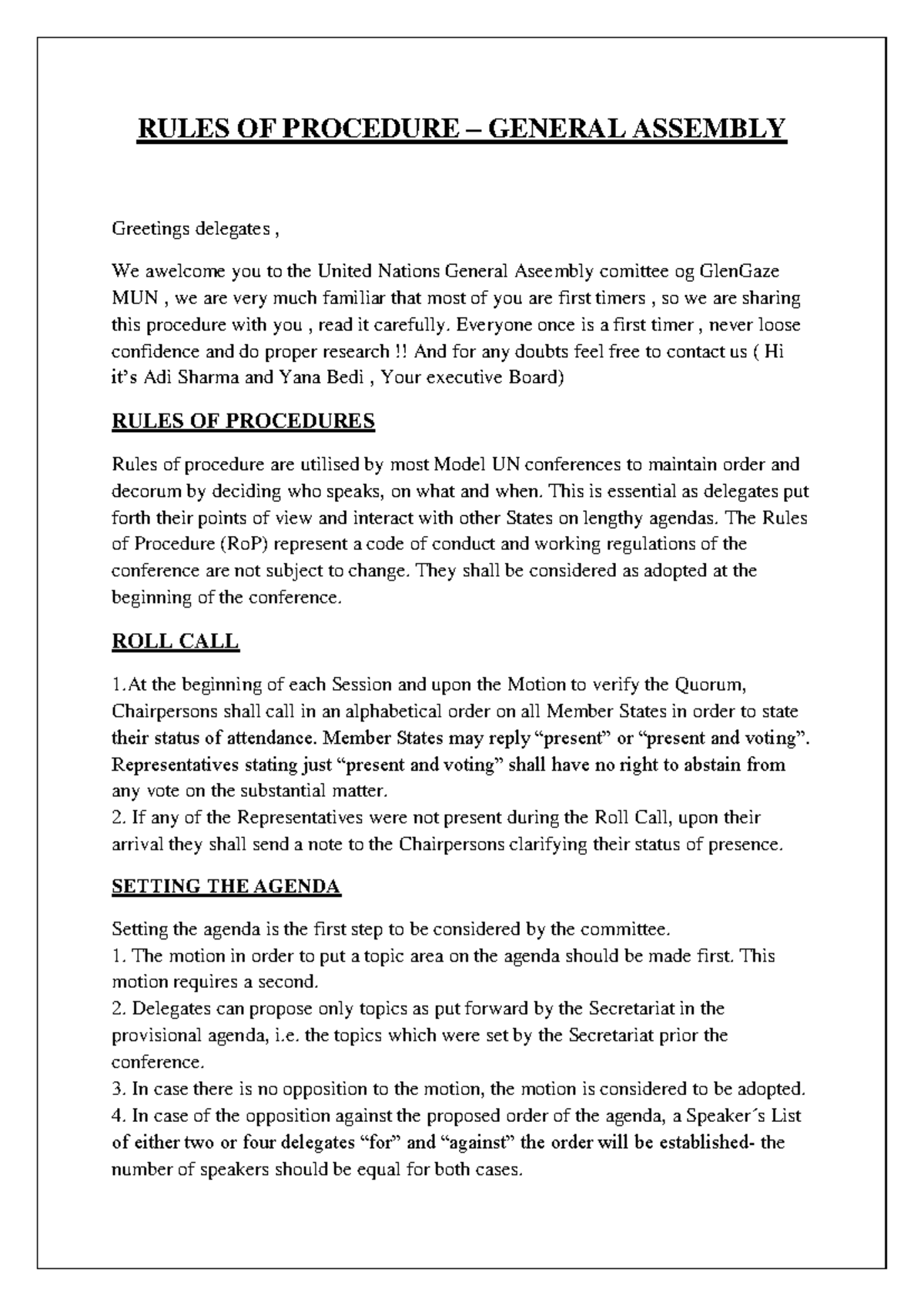 ROP UNGA Rules of Procedure for Model UN Conference - Studocu