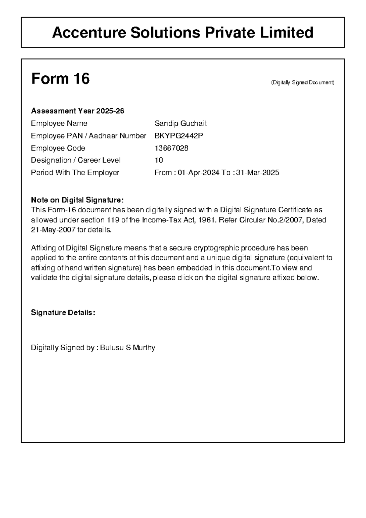 Accenture Solutions Pvt Ltd Form 16 for Employee Sandip Guchait FY2024 ...