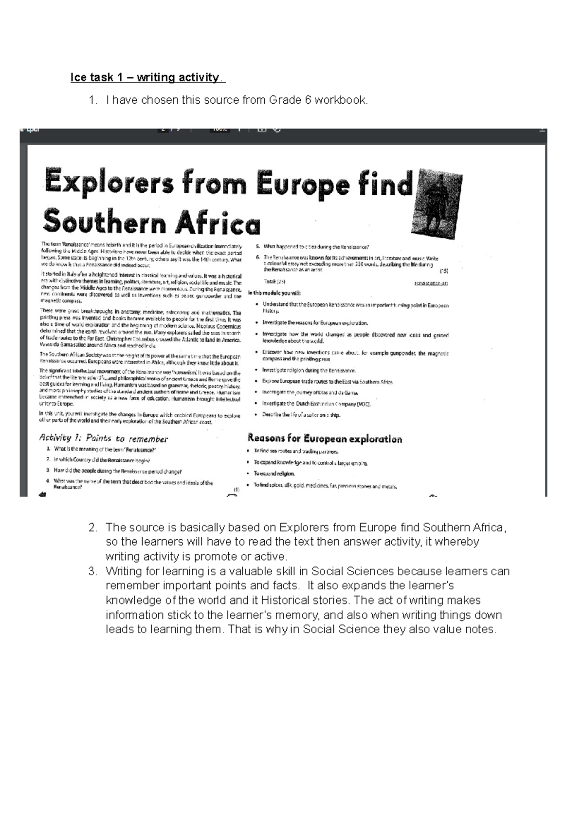 ICE TASK 1 - Writing Activity on European Explorers in Southern Africa ...