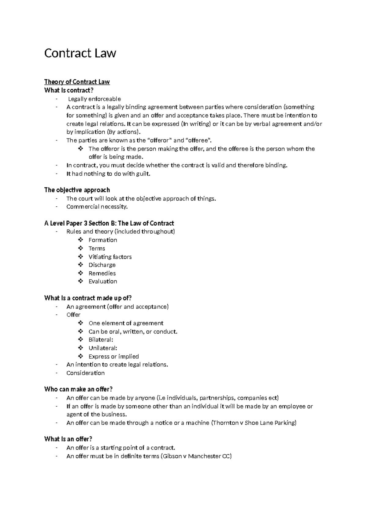 Contract Law A Level Paper 3: Theory and Essentials of Contracts - Studocu