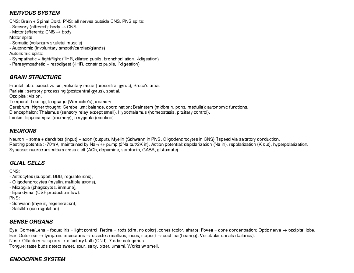 Sci Oly Anatomy & Physiology 2026: CNS, PNS, Endocrine Overview - Studocu