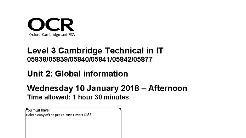 OCR Level 3 Cambridge Technical IT Unit 2: Global Information Exam ...