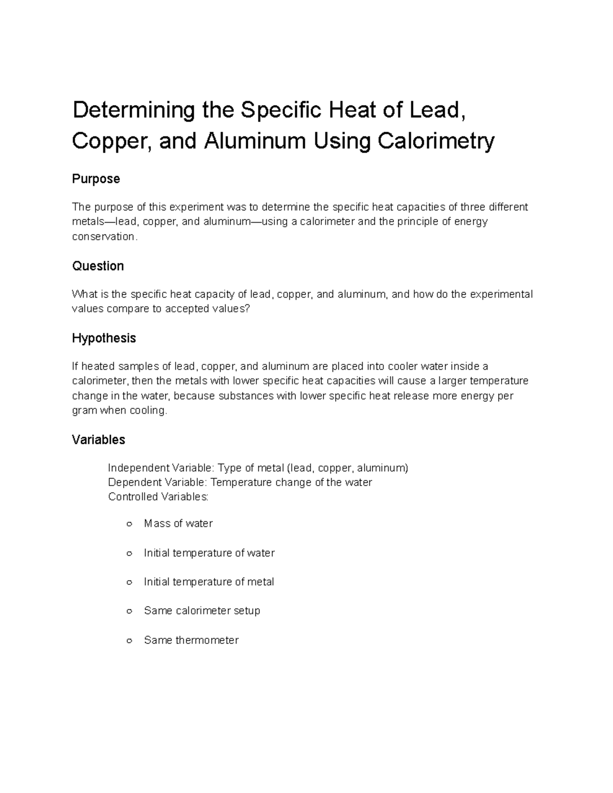 Chemistry Lab: Specific Heat of Lead, Copper, and Aluminum - Studocu