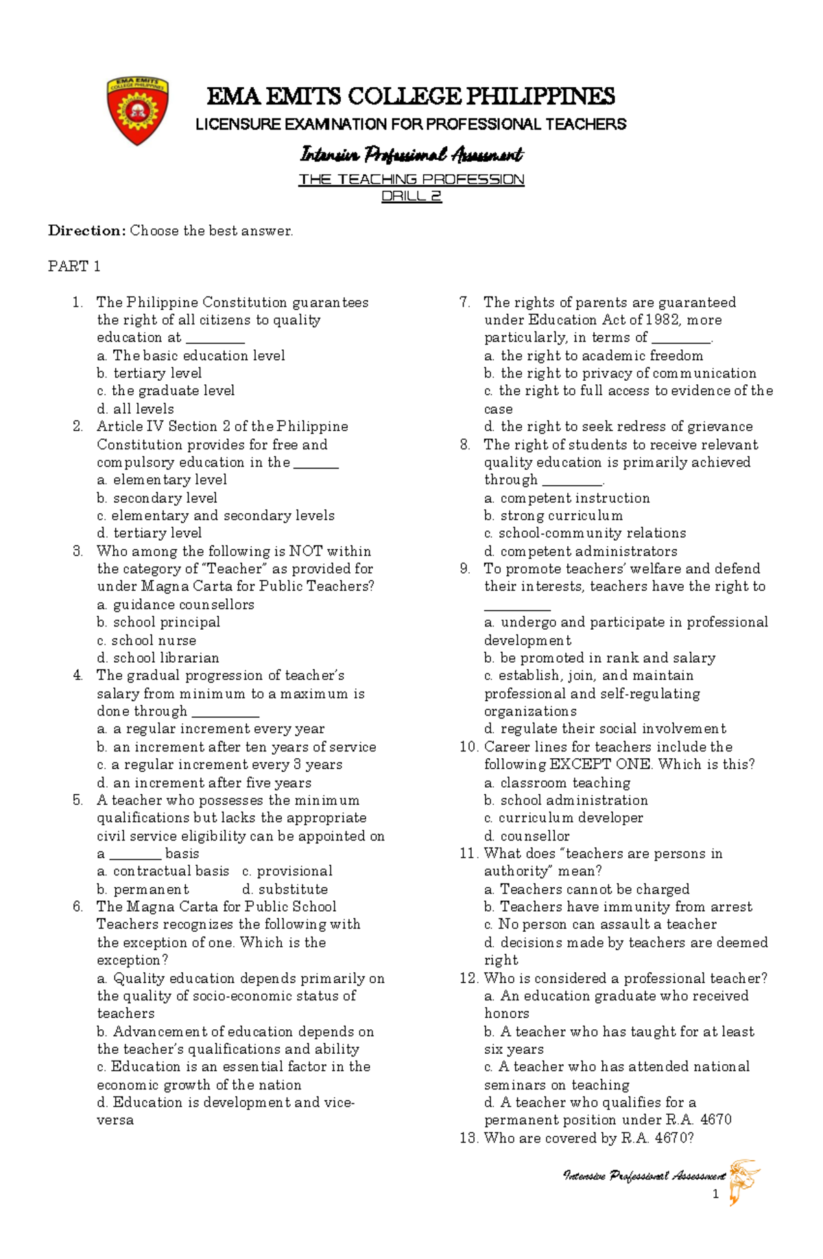 PED-A.2-Drill-2 - For board exam - Intensive Professional Assessment ...