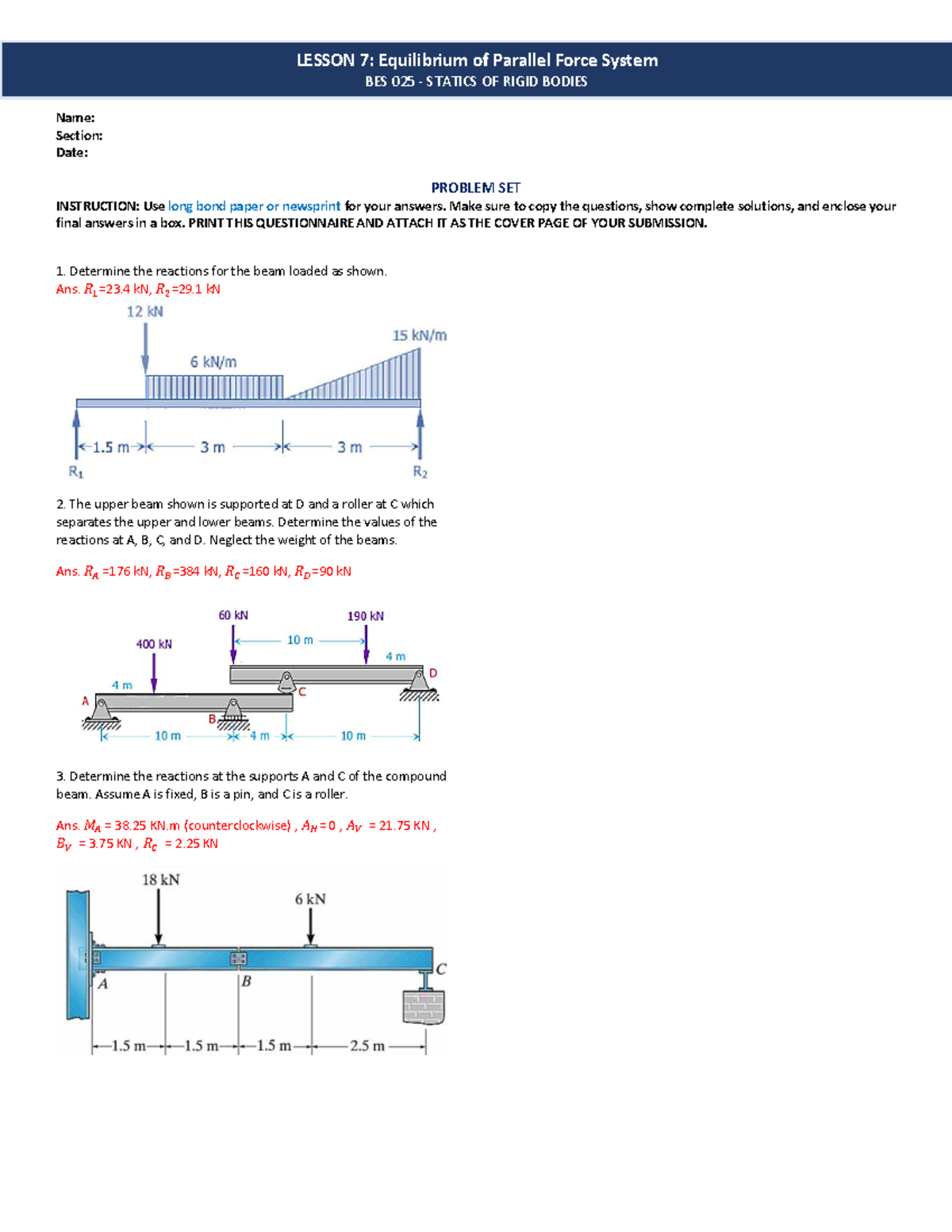 LESSON 7: Equilibrium of Parallel Force System - BES 025 - Studocu