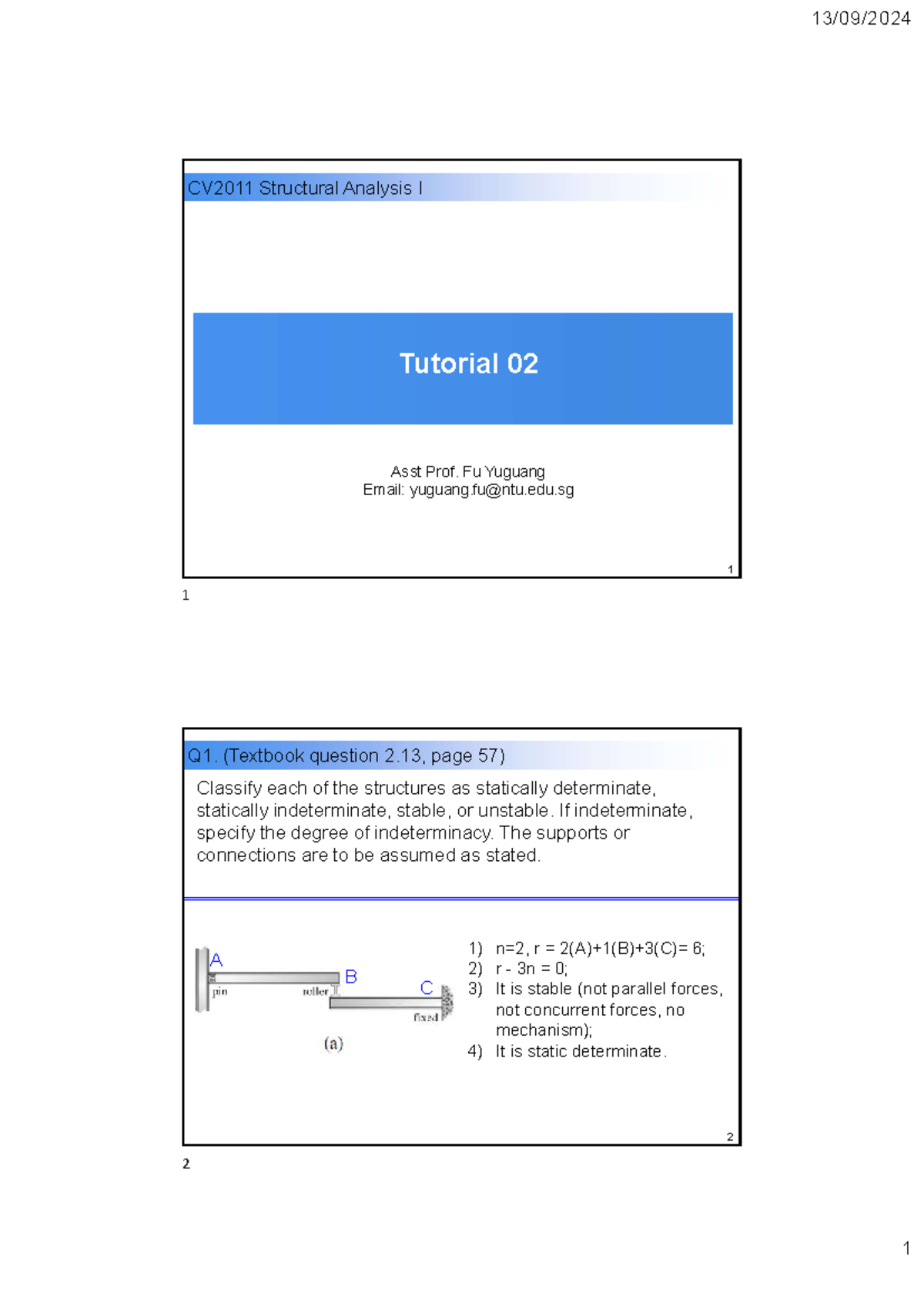 CV2011 Structural Analysis I Tutorial 02 Solutions by Prof. Fu Yuguang - Studocu