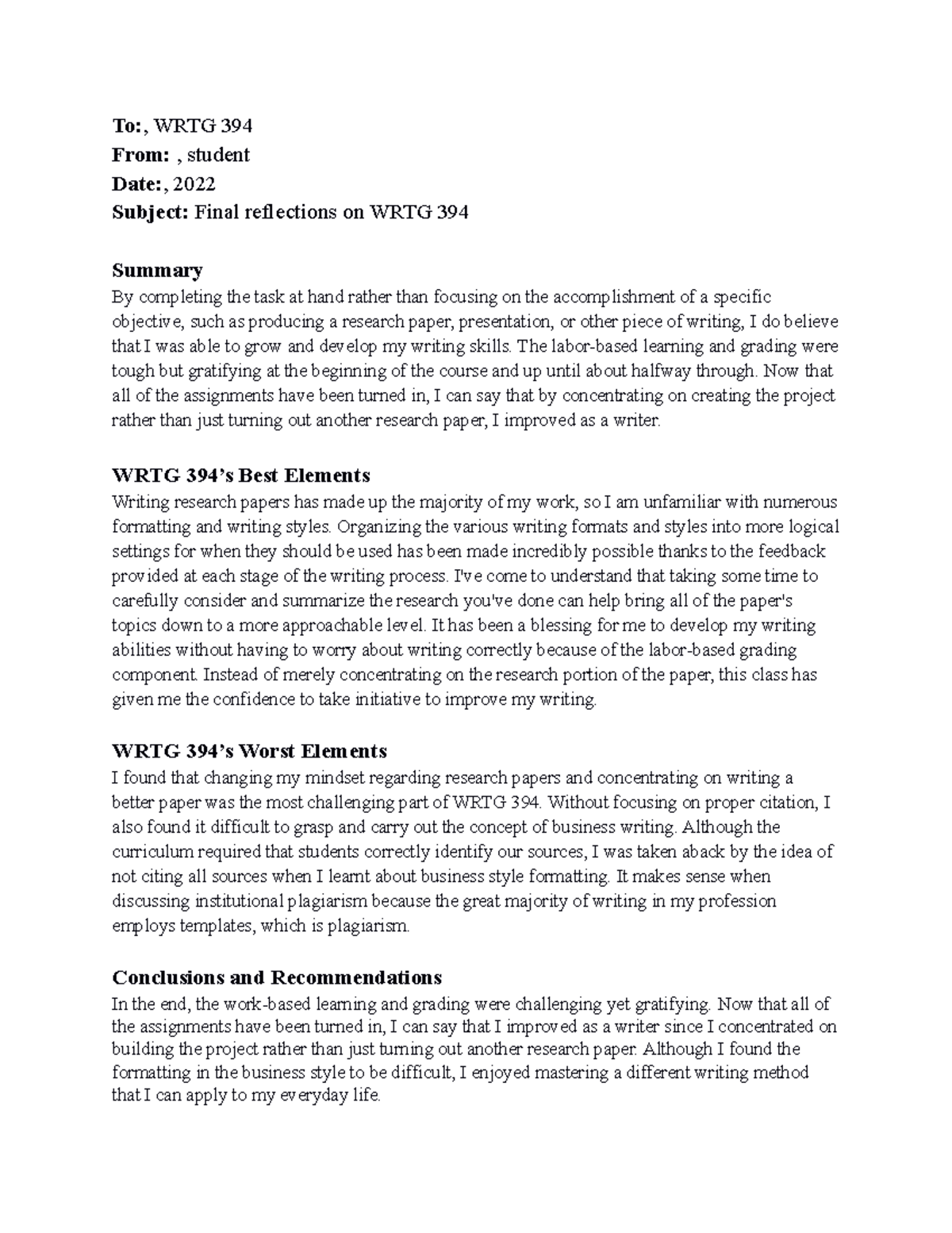 Final Reflections on WRTG 394: Growth in Writing Skills - Studocu