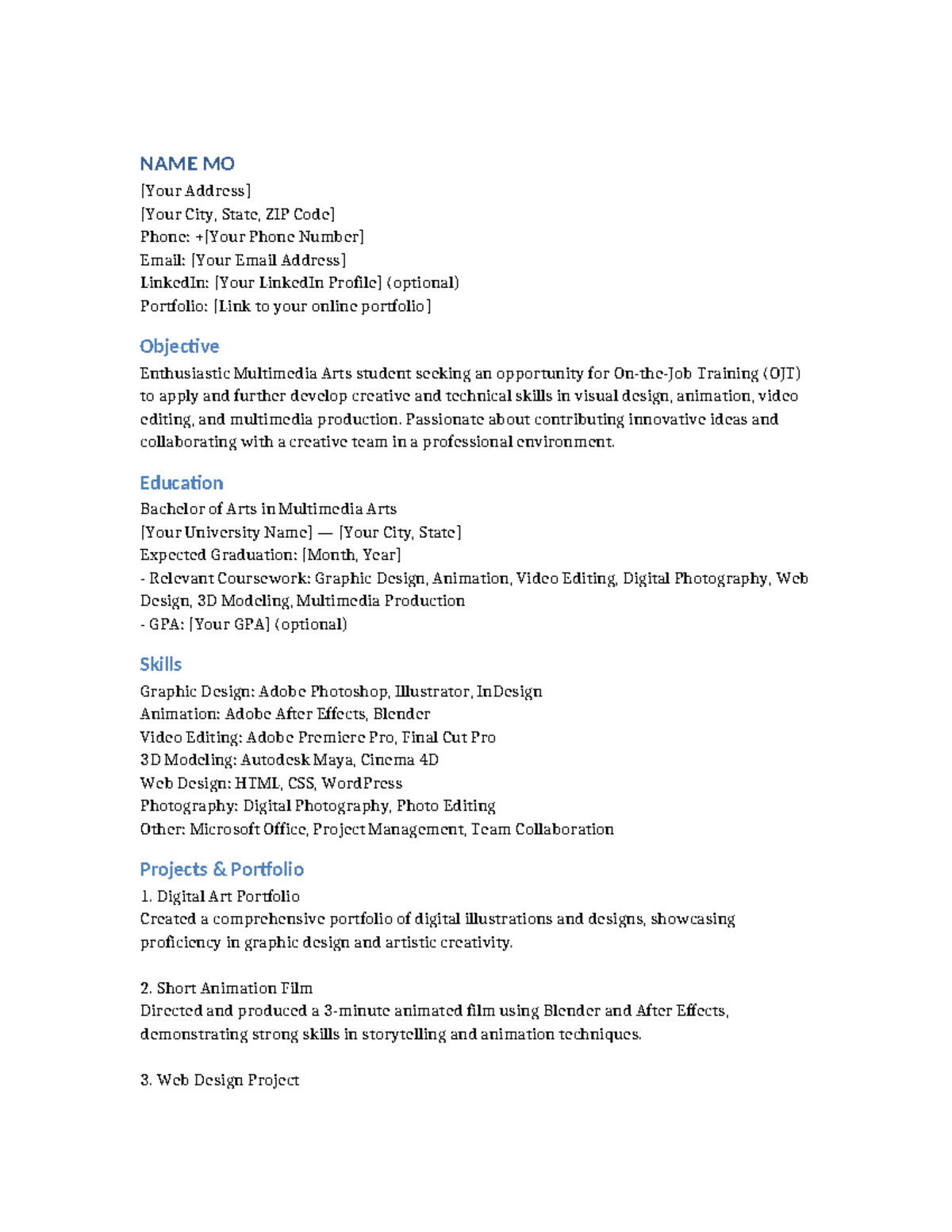 Multimedia Arts CV: OJT Application for Creative Roles - Studocu