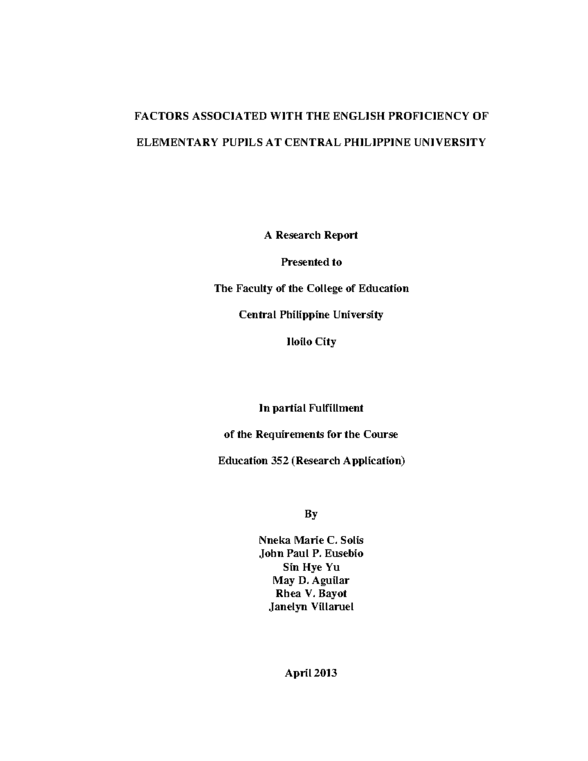Factors Influencing English Proficiency in Elementary Pupils (ED 352 ...
