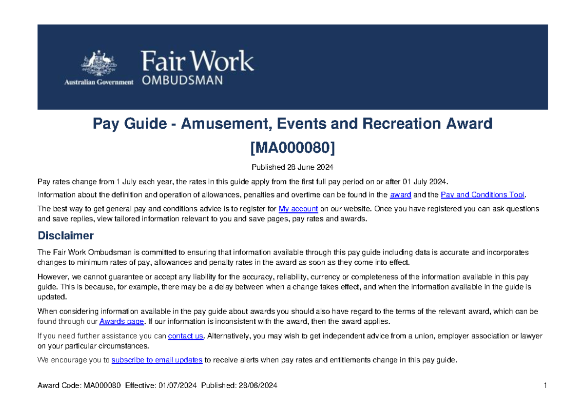 MA000080 - 2024 Pay Guide for Amusement, Events & Recreation Award - Studocu