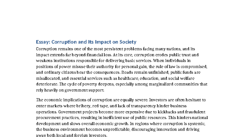 Essay: Corruption and Its Societal Impact (Course Code: EC101) - Studocu