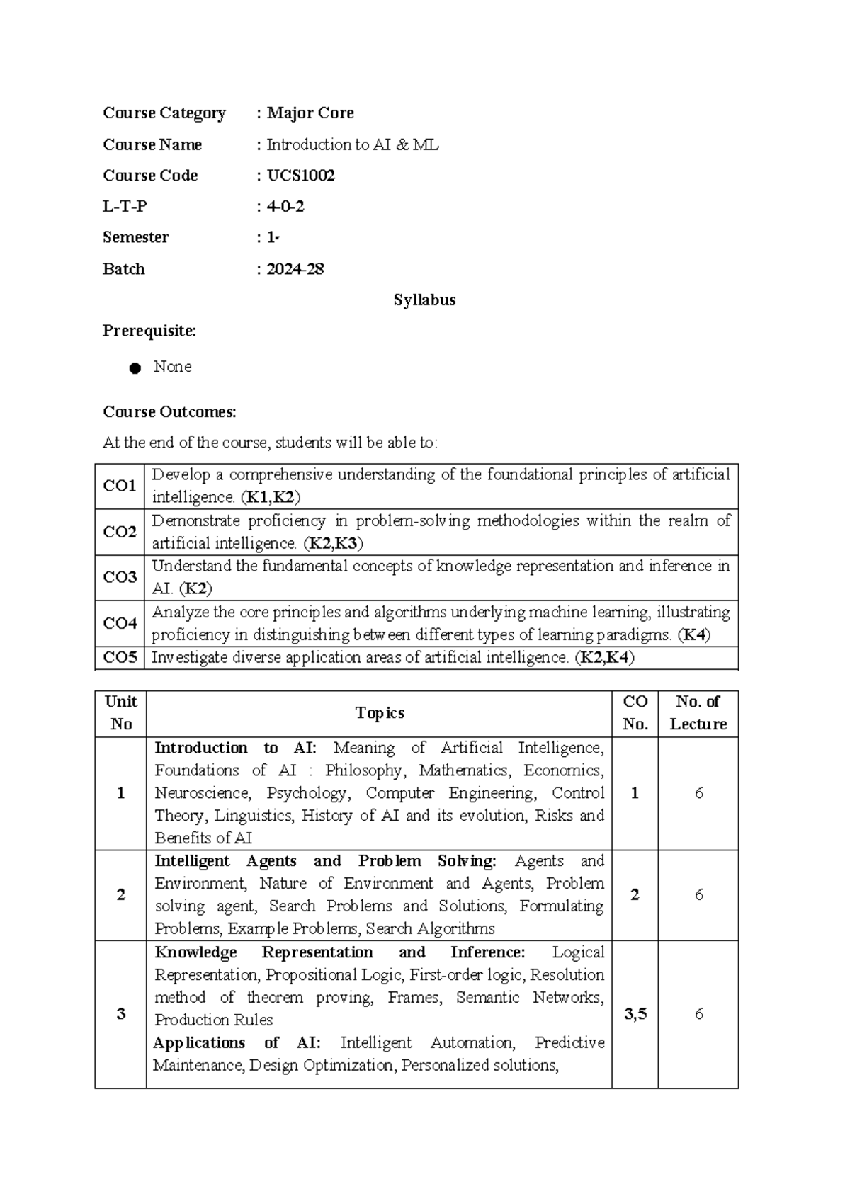 UCS1002: Introduction to AI & ML Syllabus - Semester 1 - Studocu