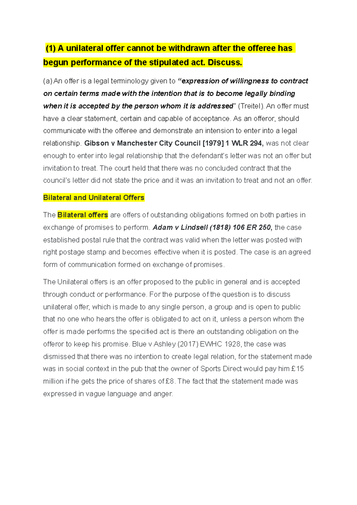 Unilateral Offer: Legal Implications and Acceptance Performance - Studocu