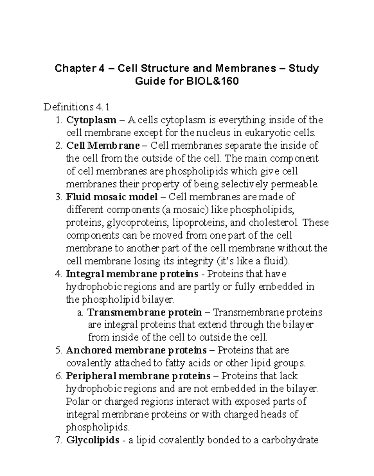 BIOL&160 Chapter 4 Study Guide: Cell Structure & Membranes - Studocu