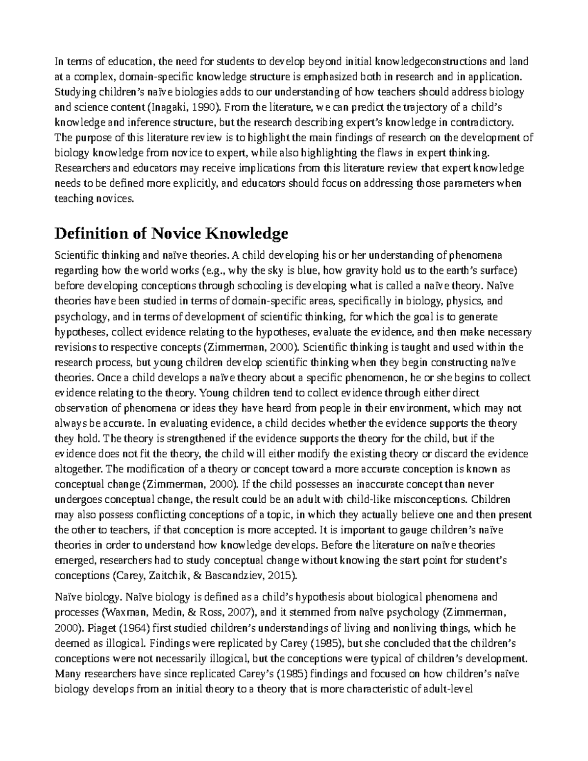 Novice vs Expert Knowledge in Biology: A Literature Review on ...