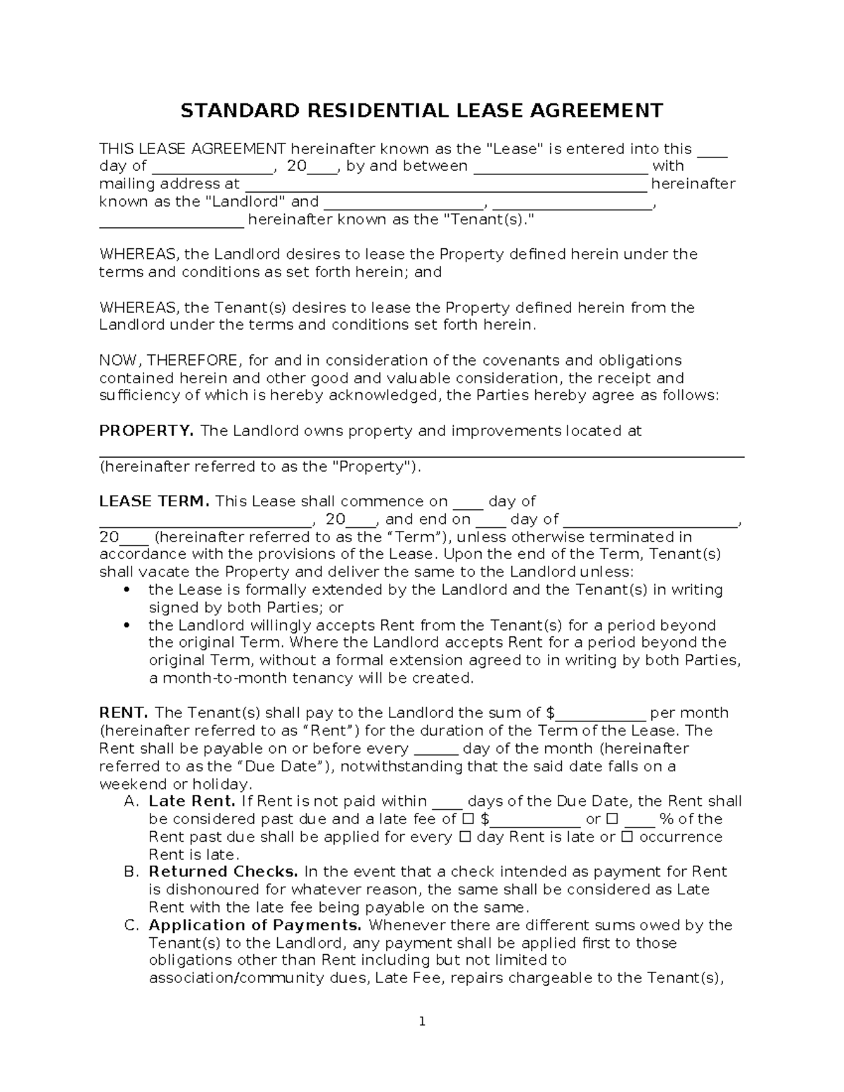 Residential Lease Agreement Template: Standard Terms and Conditions ...