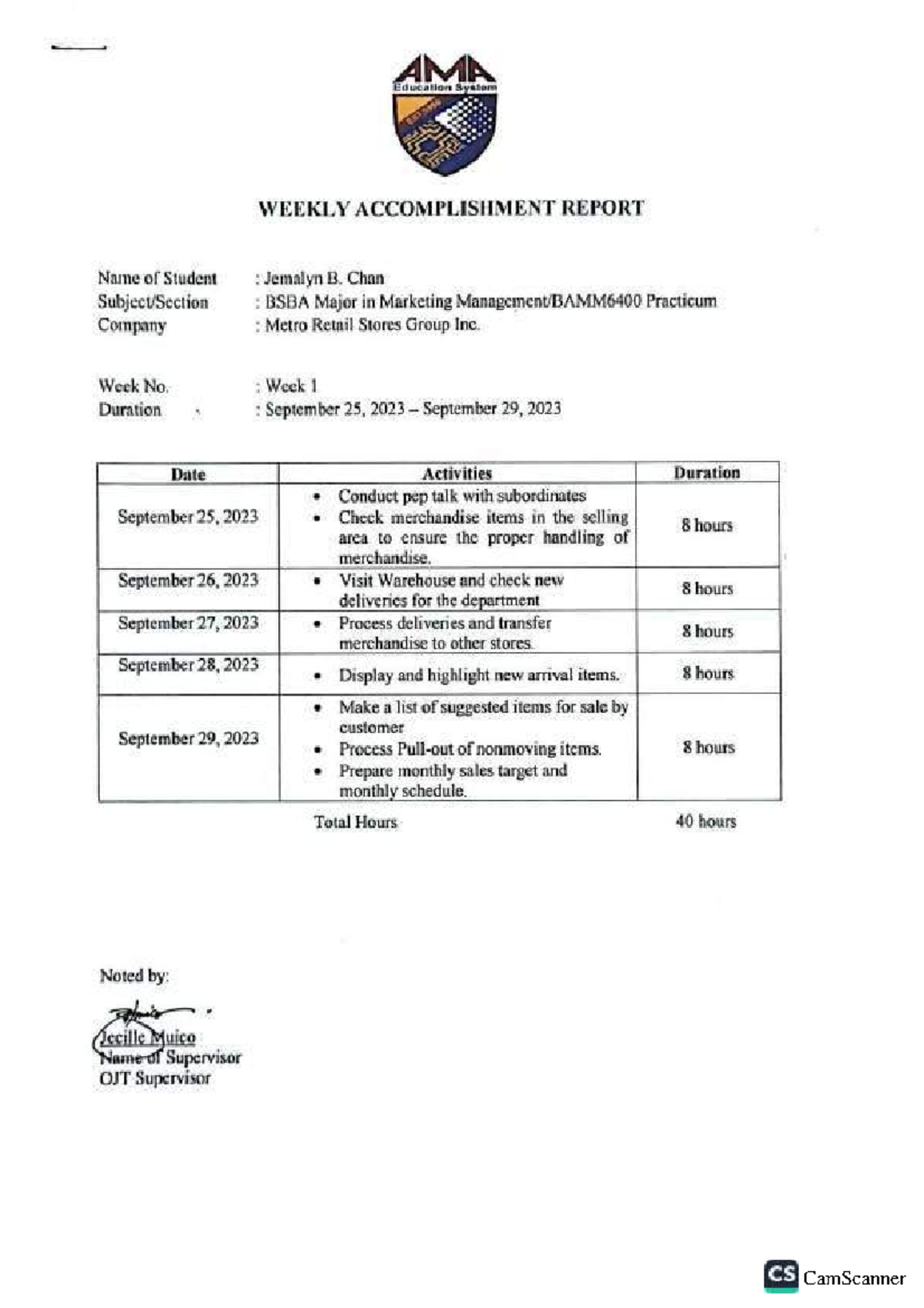 BAMM6400 Weekly Accomplishment Report by Jemalyn B. Chan - Studocu