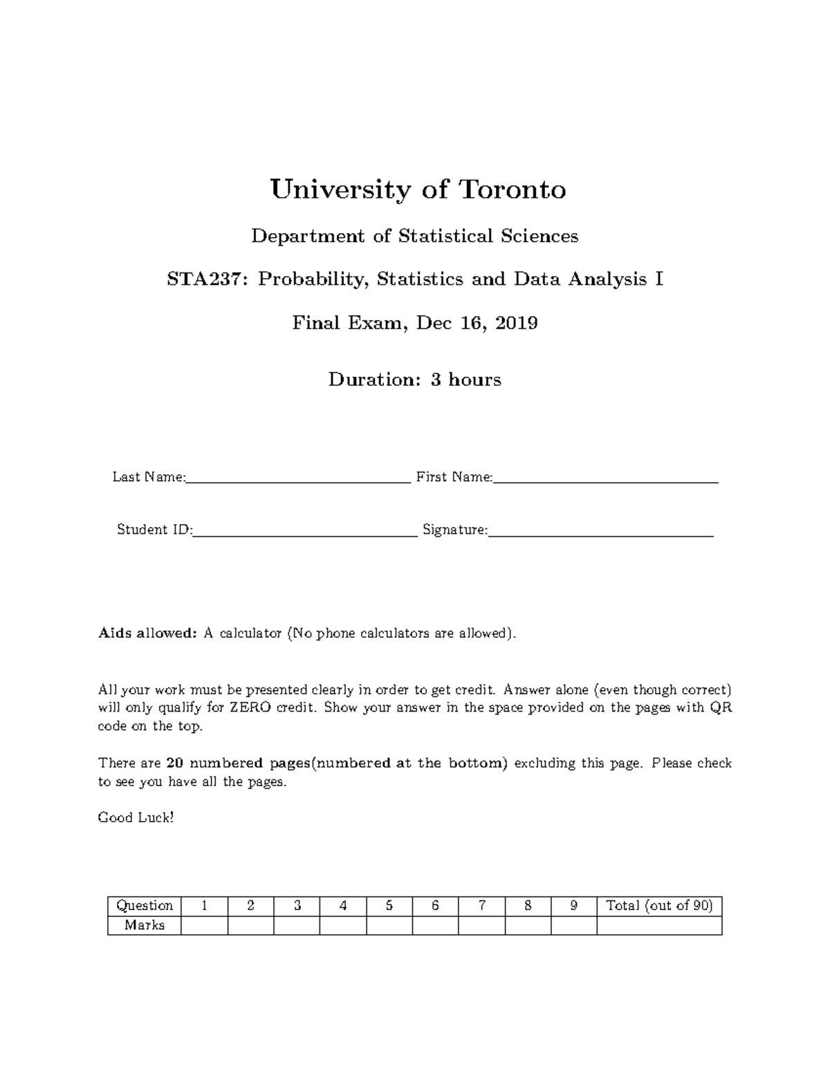 Final Exam Guide for STA237: Probability, Statistics & Data Analysis I ...