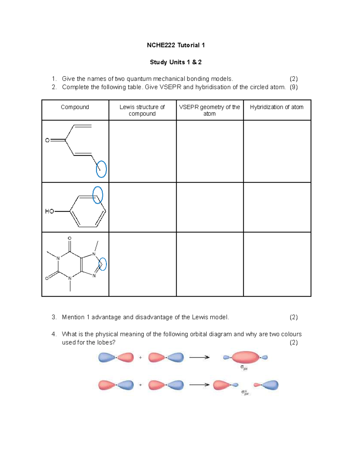 NCHE222 Tutorial 1: Quantum Bonding Models & VSEPR Practice - Studocu