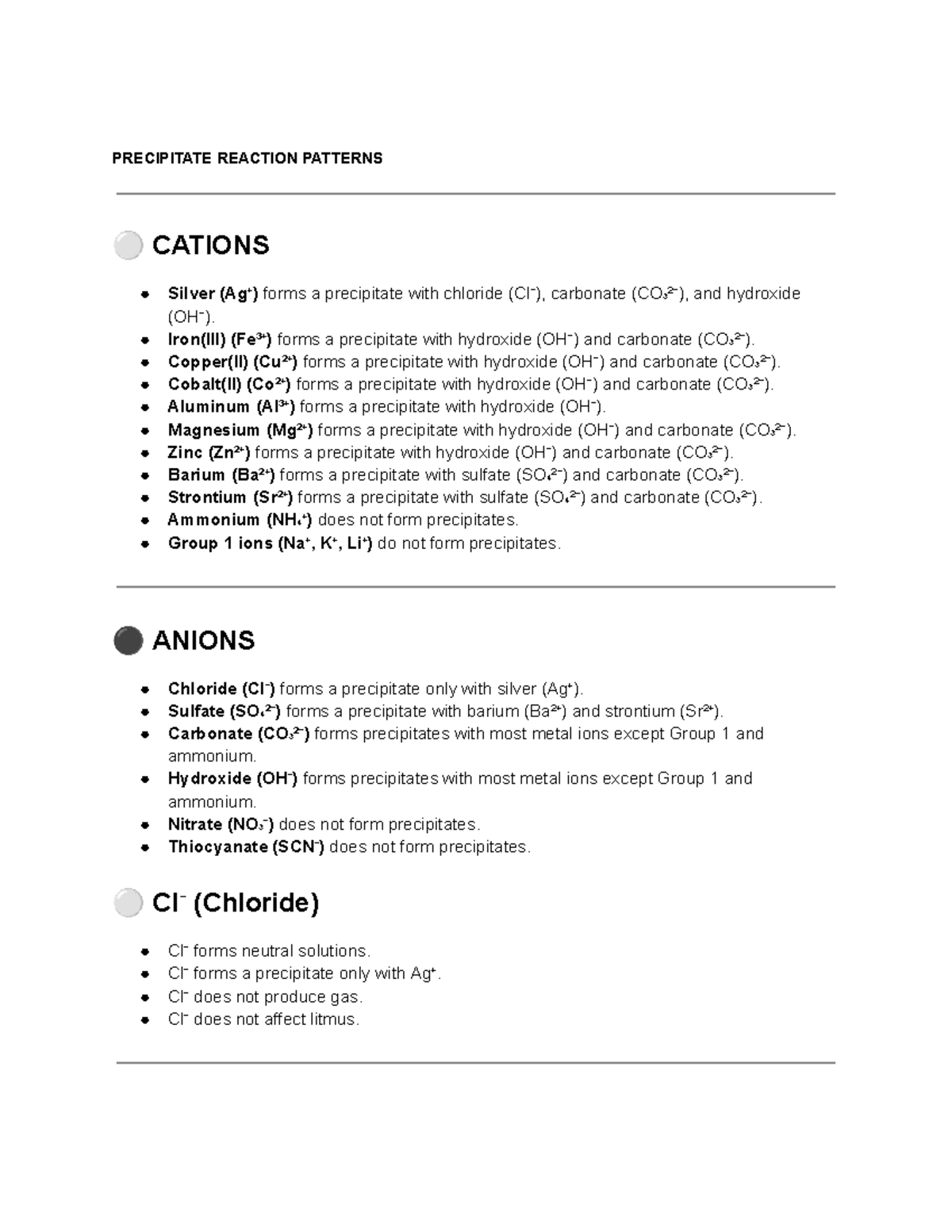 CHEM 101: Precipitate Reaction Patterns Cheat Sheet - Studocu