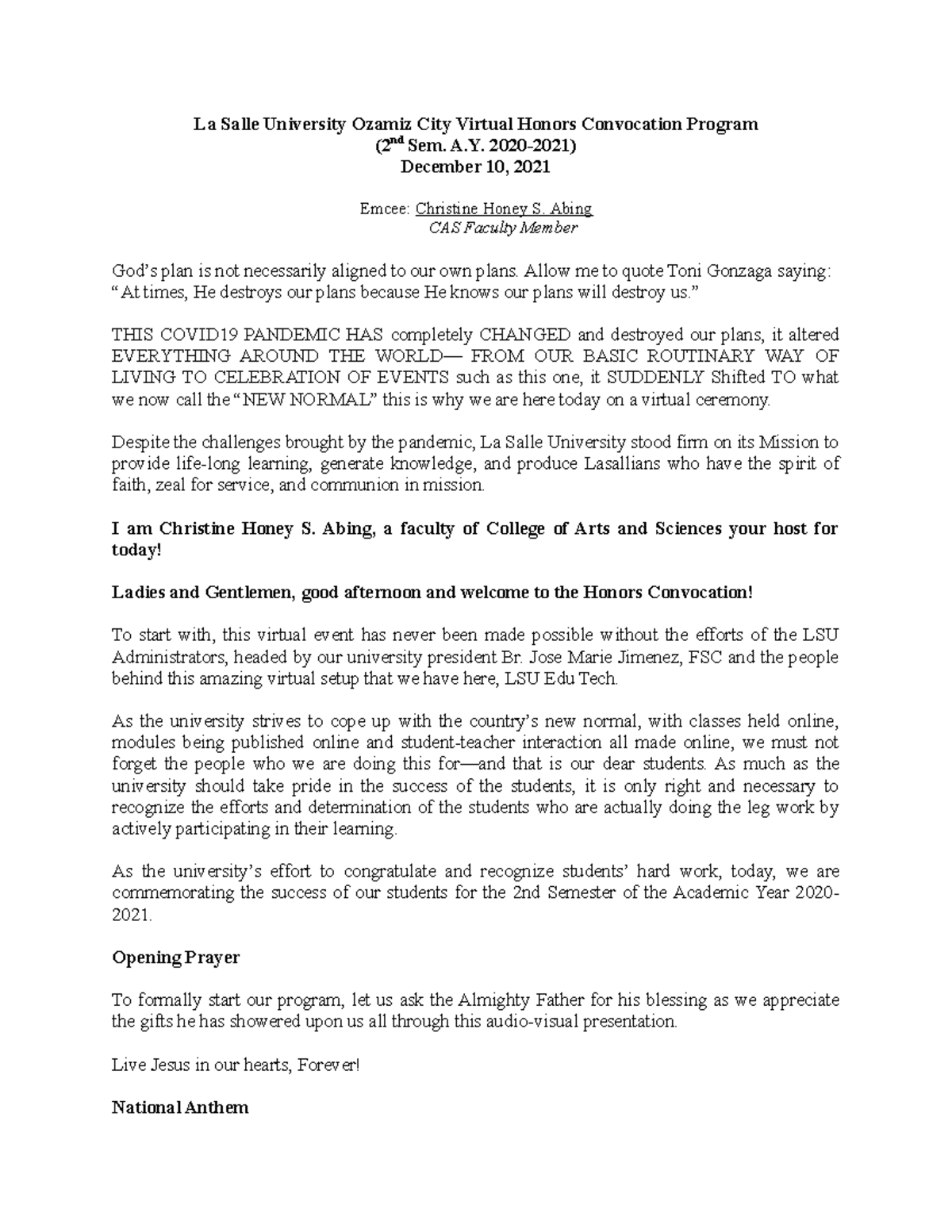 La Salle University Honors Convocation Program Emcee Script (2nd Sem A ...