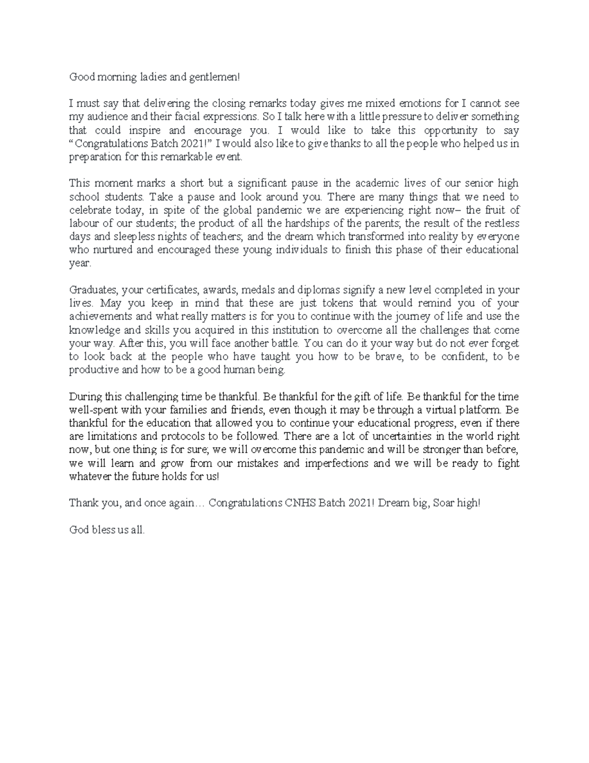 Closing Remarks for CNHS Batch 2021 Graduation Ceremony - Studocu