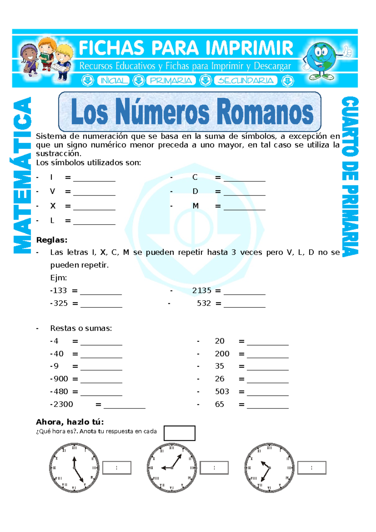 Ejercicios de Números Romanos para Cuarto de Primaria - Tarea 2023 ...
