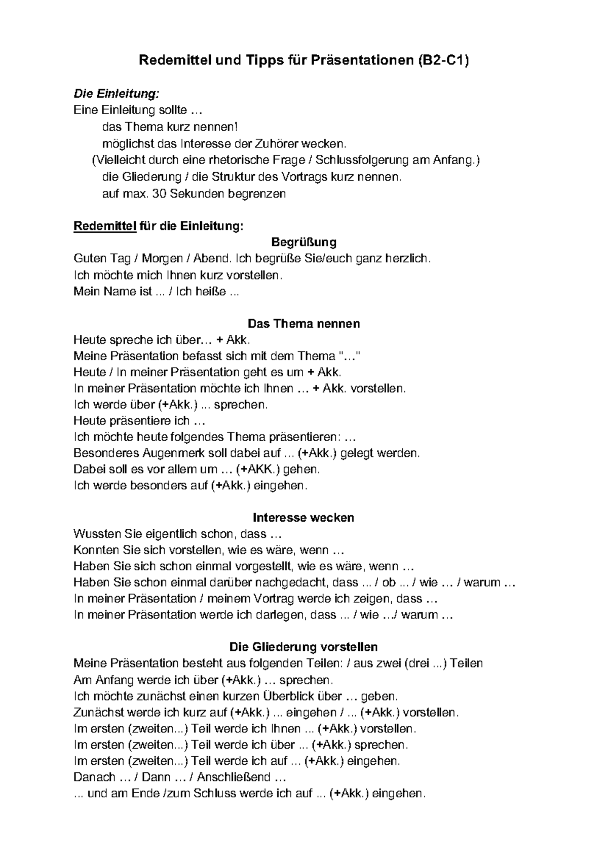 Redemittel und Tipps für Präsentationen im Deutsch B2-C1 Level - Studocu