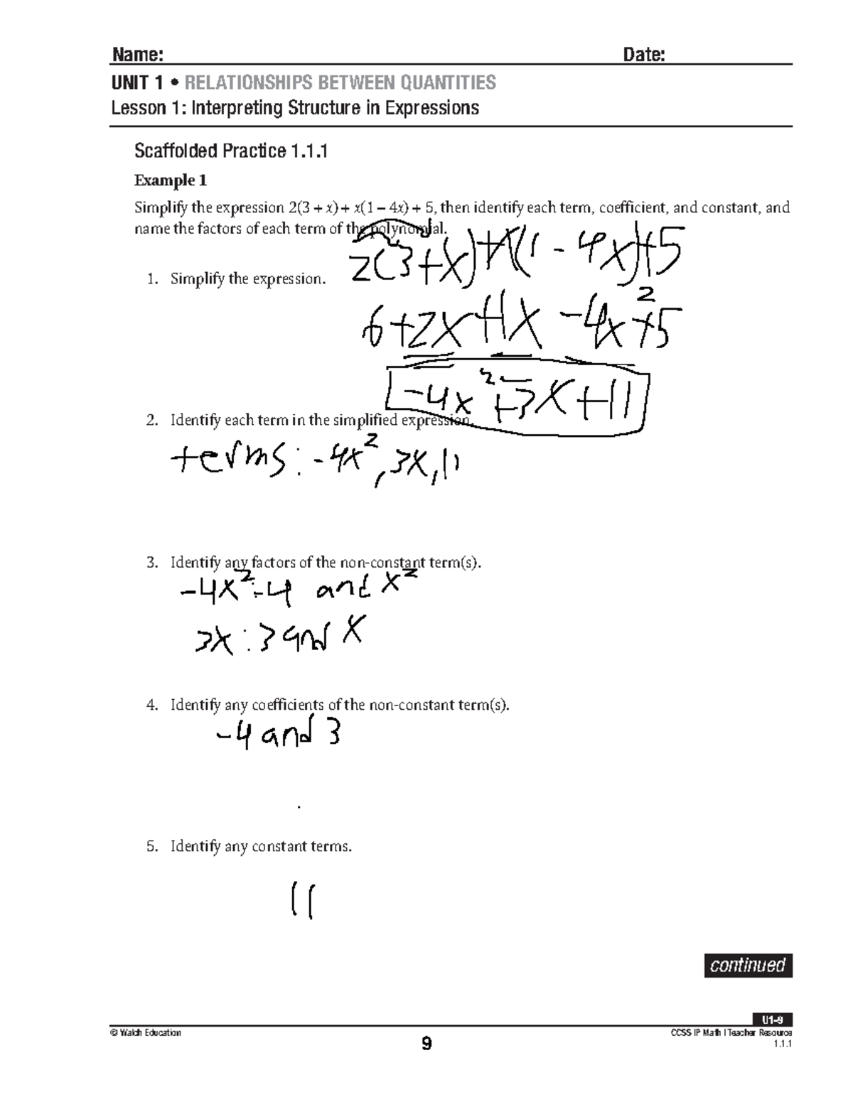 CCSS IP Math I Unit 1 Lesson 1 Scaffolded Practice and Examples - Studocu
