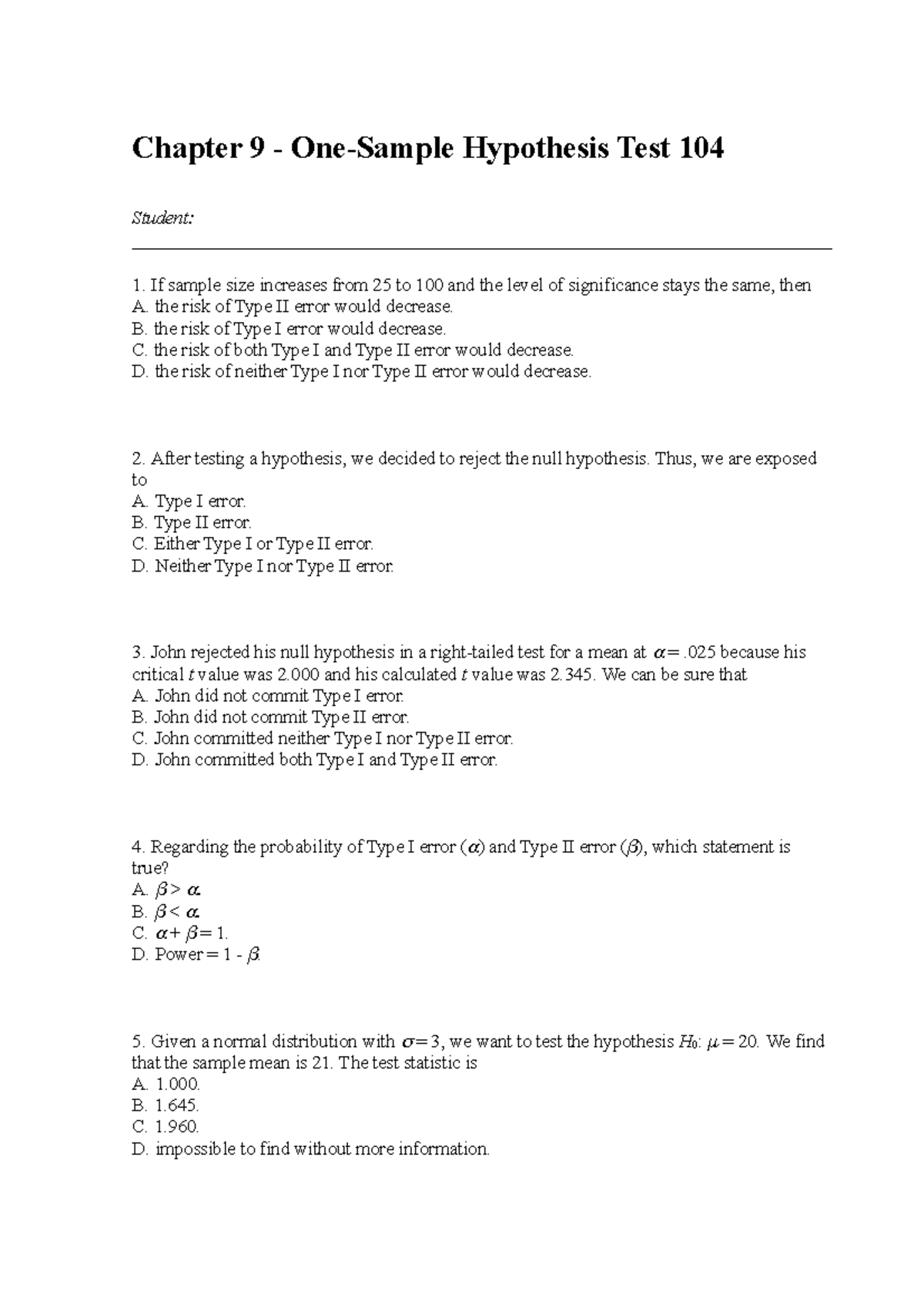 SB-Exercise-C9 - Xác suất thống kê - Chapter 9 - One-Sample Hypothesis ...