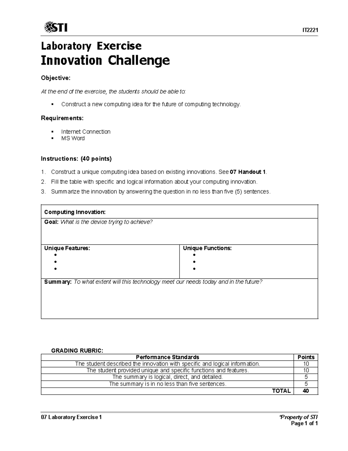 07 IT Laboratory Exercise 1: Innovation Challenge Overview - Studocu