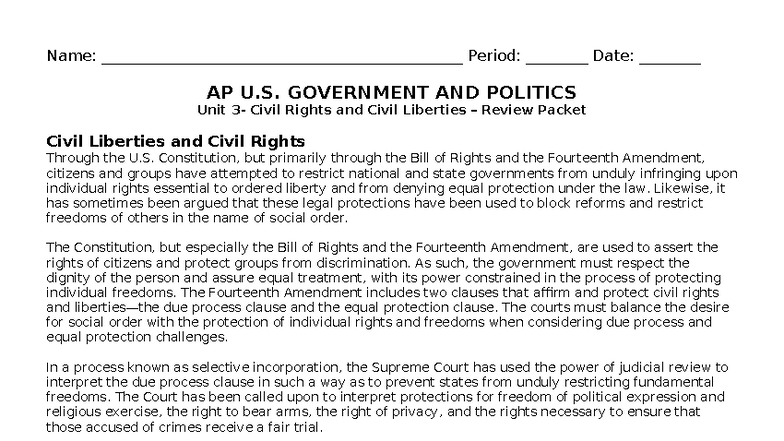 AP U.S. GOV'T & POLITICS Unit 3 Civil Rights & Liberties Review Packet ...