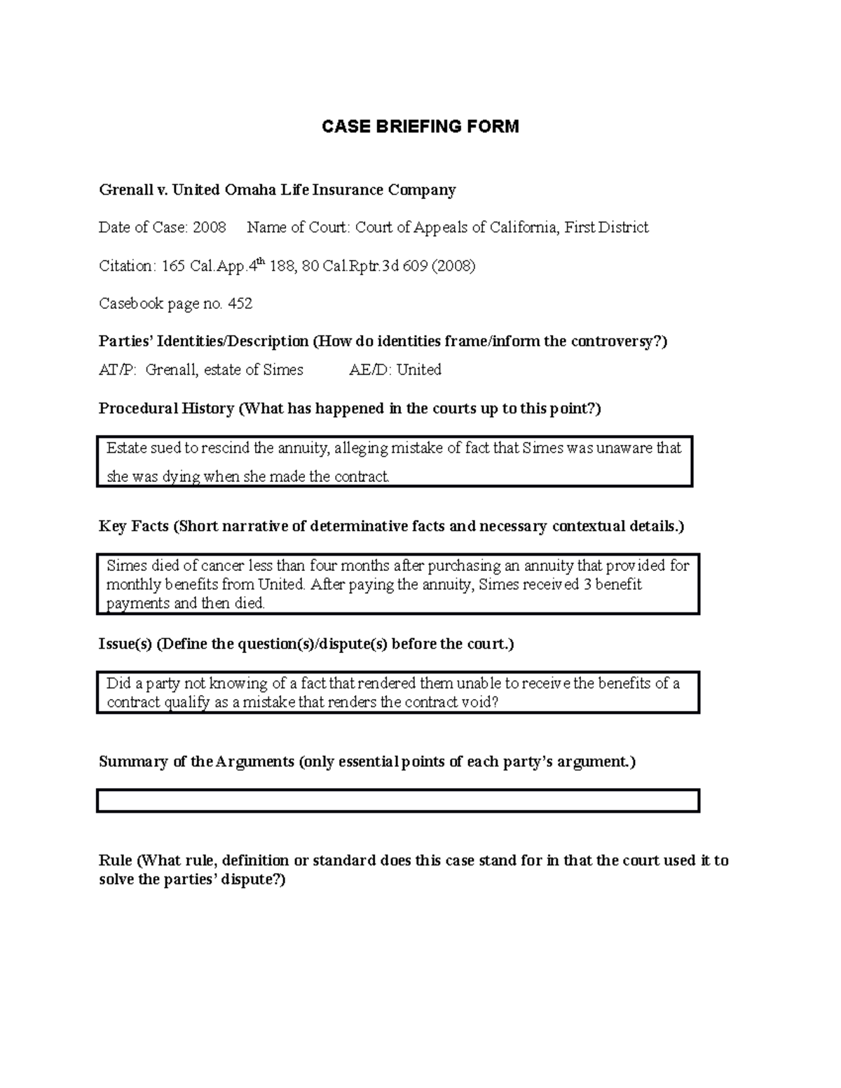 Grenall v. United Omaha Life Insurance Company - CASE BRIEFING FORM ...