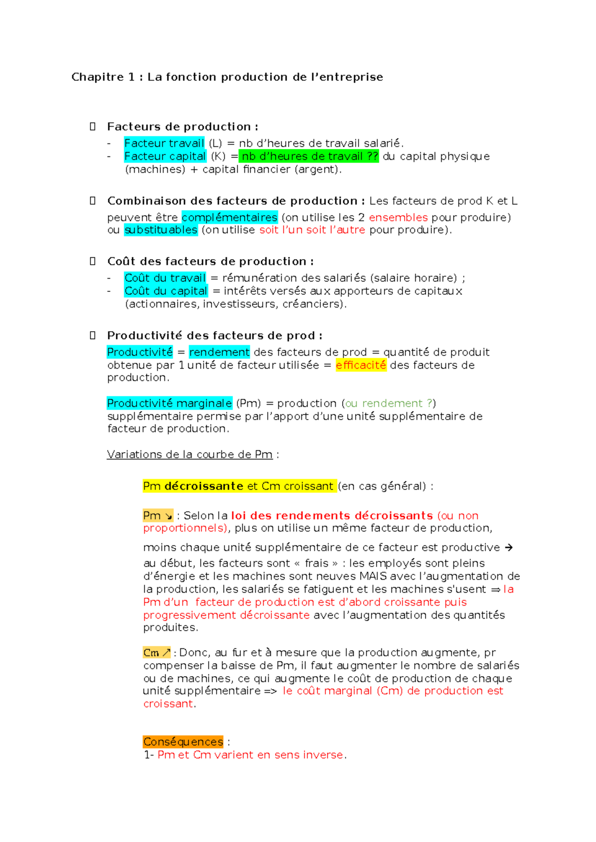 Chapitre 1 : Fonctions de Production et Coûts en Économie - Studocu