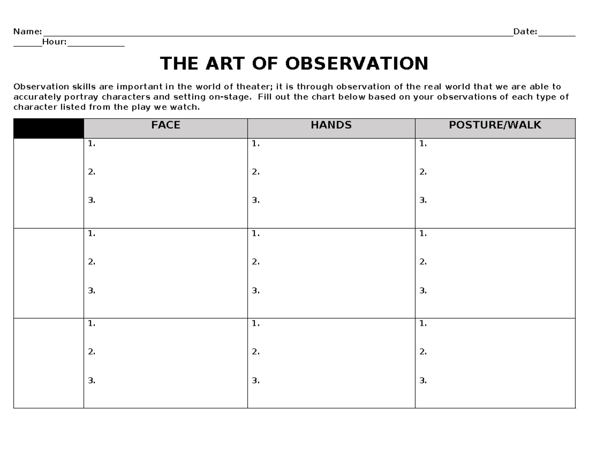 Observation worksheet - - Studocu