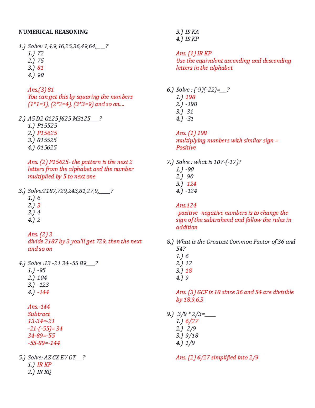 Numerical Reasoning Quiz - Solutions & Patterns Analysis - Studocu