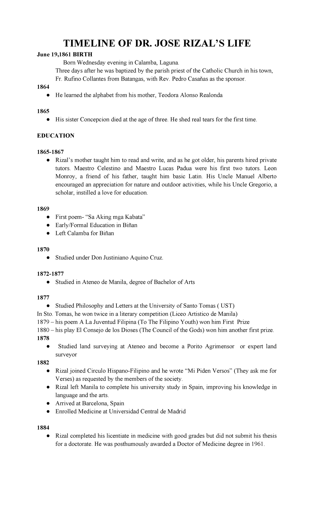 DR. JOSE Rizal - TIMELINE OF DR. JOSE RIZAL’S LIFE June 19,1861 BIRTH📍 ...