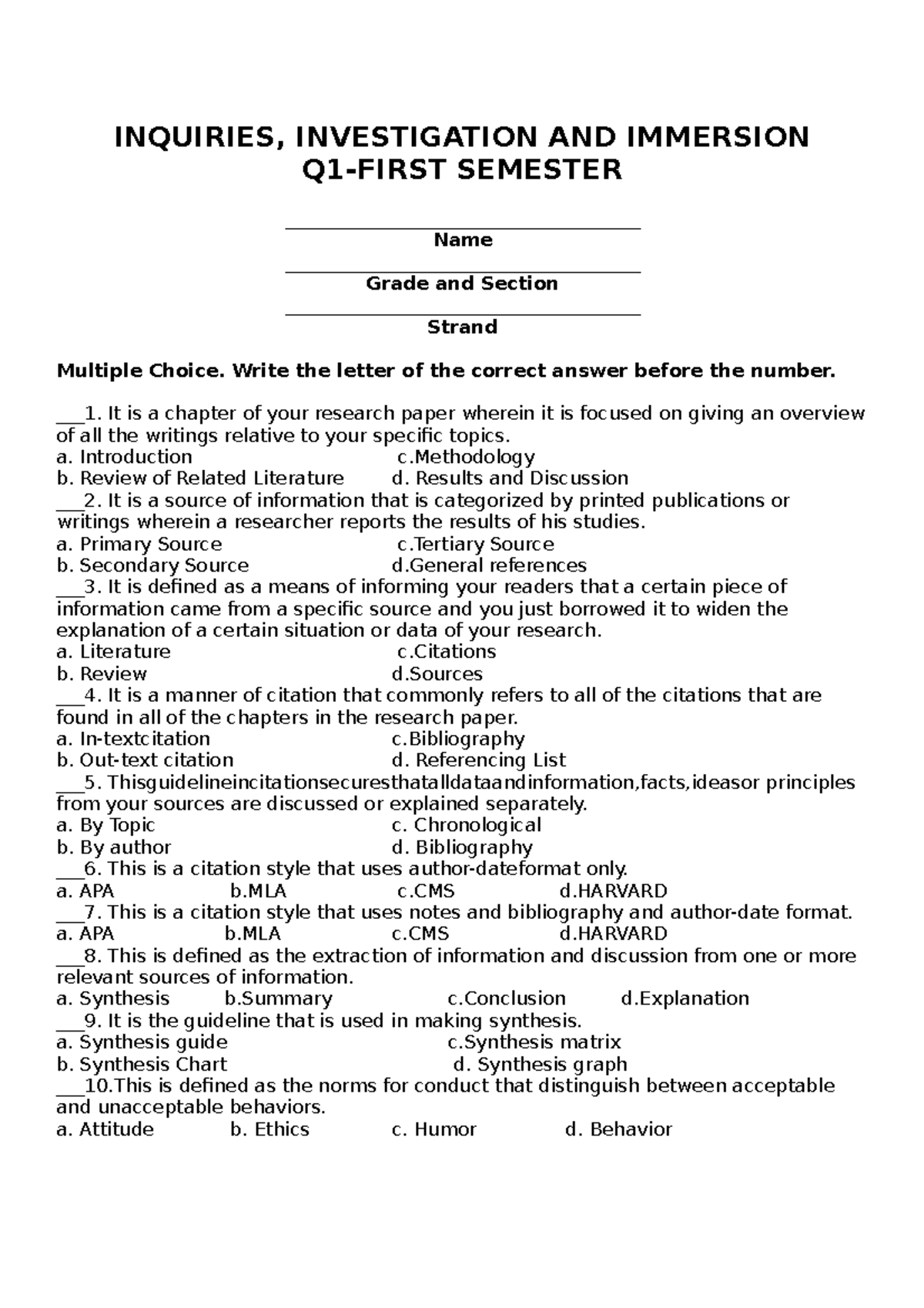 Inquiries and Investigations: Activity Sheet Q1 - First Semester - Studocu
