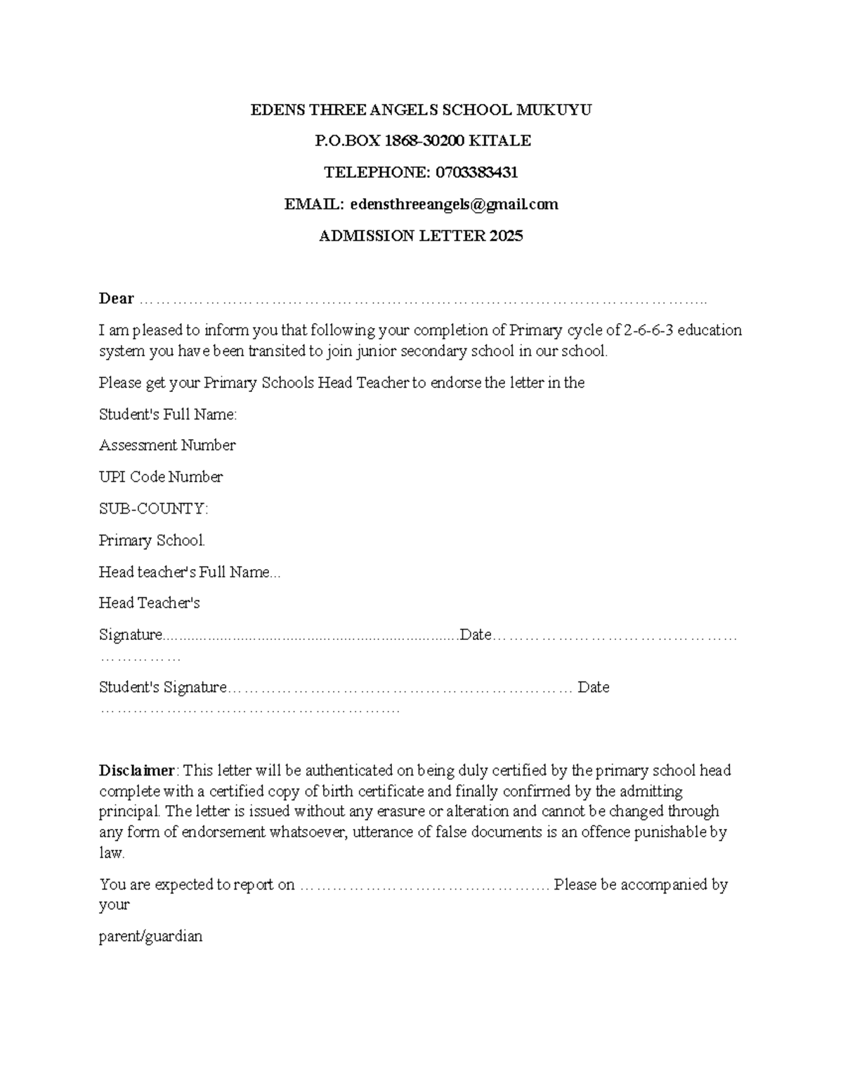 Admission Letter for Junior Secondary at Edens Three Angels School 2025 ...