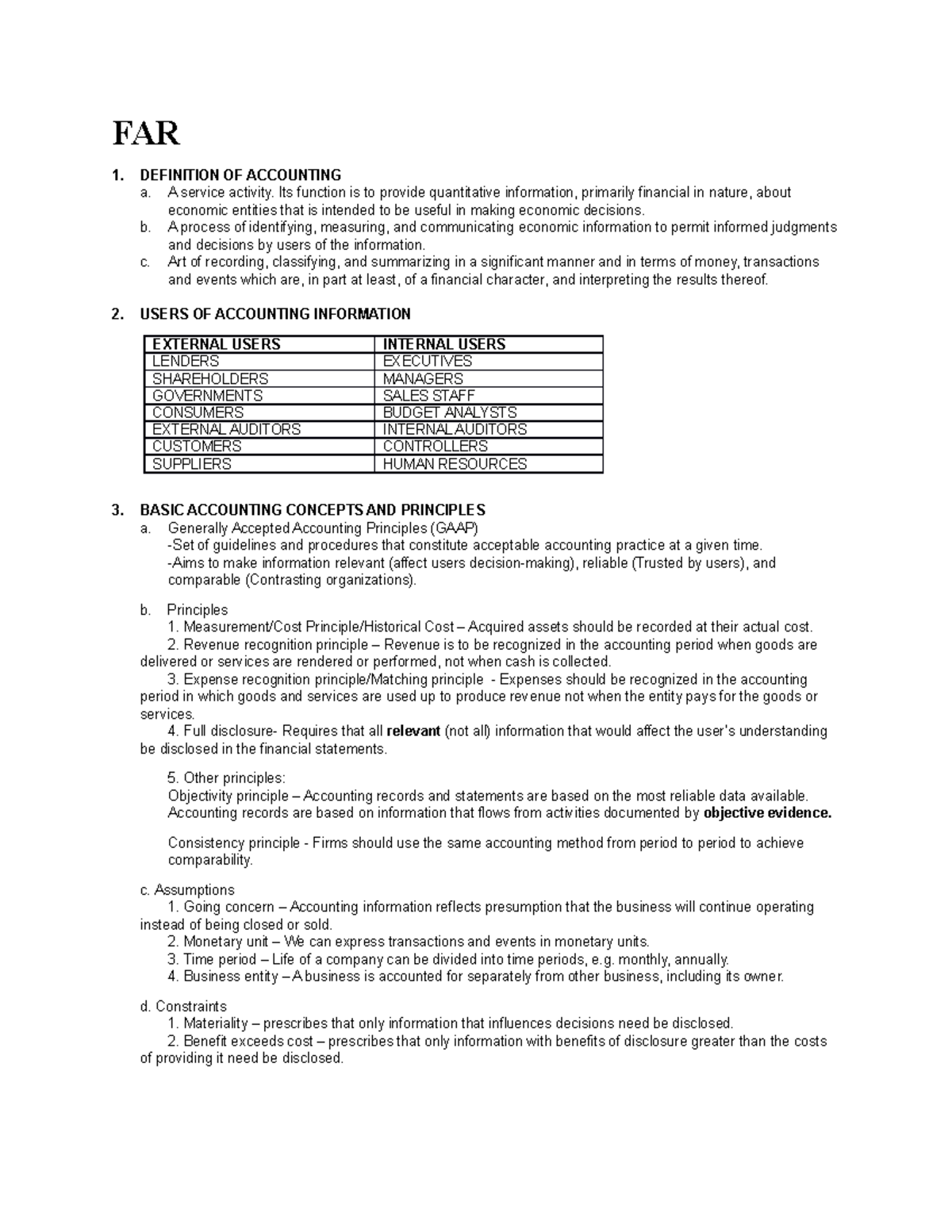 FAR Reviewer - FAR 1. DEFINITION OF ACCOUNTING a. A service activity ...