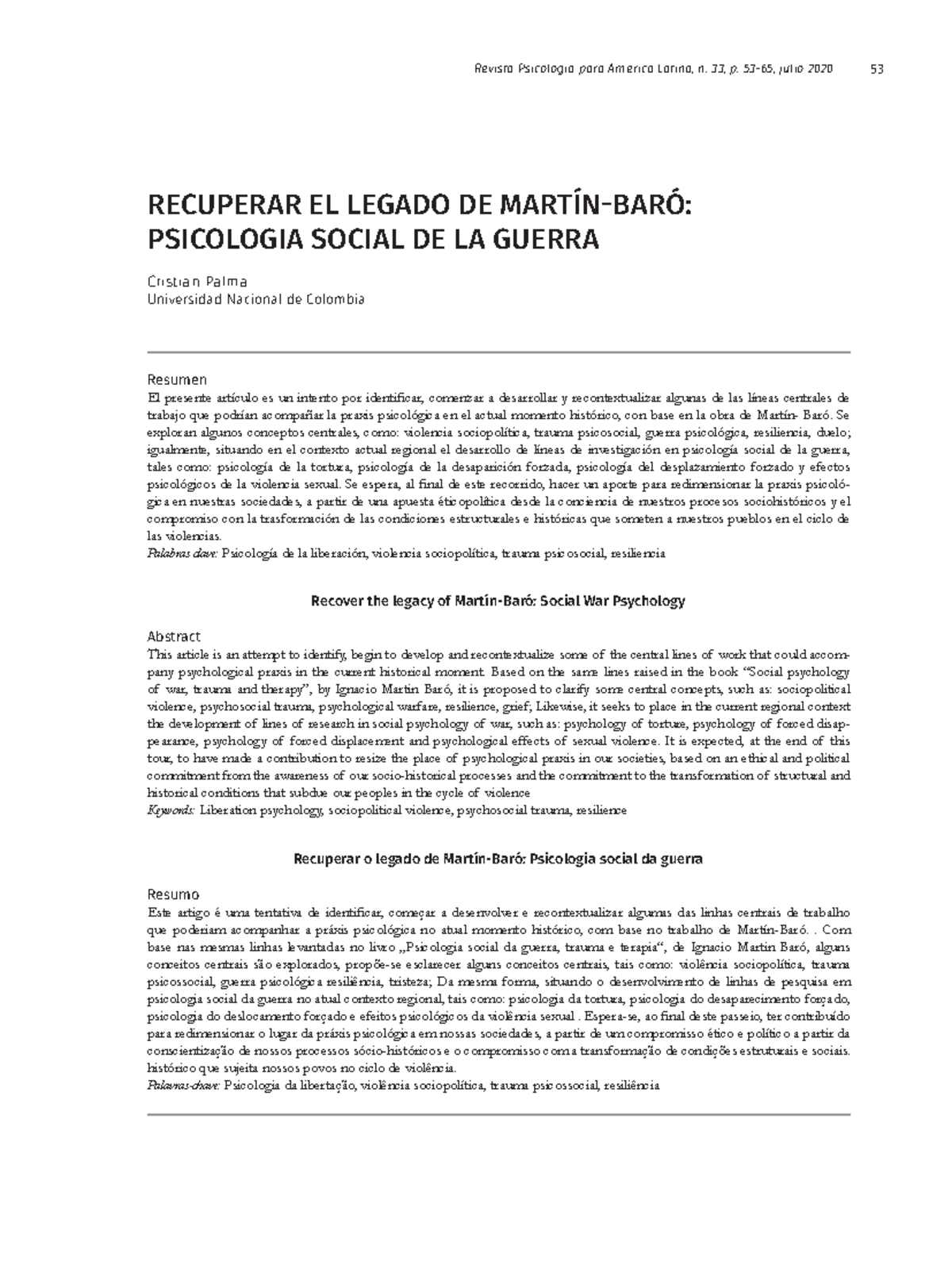 Recuperar el Legado de Martín-Baró: Psicología Social y Guerra - Studocu