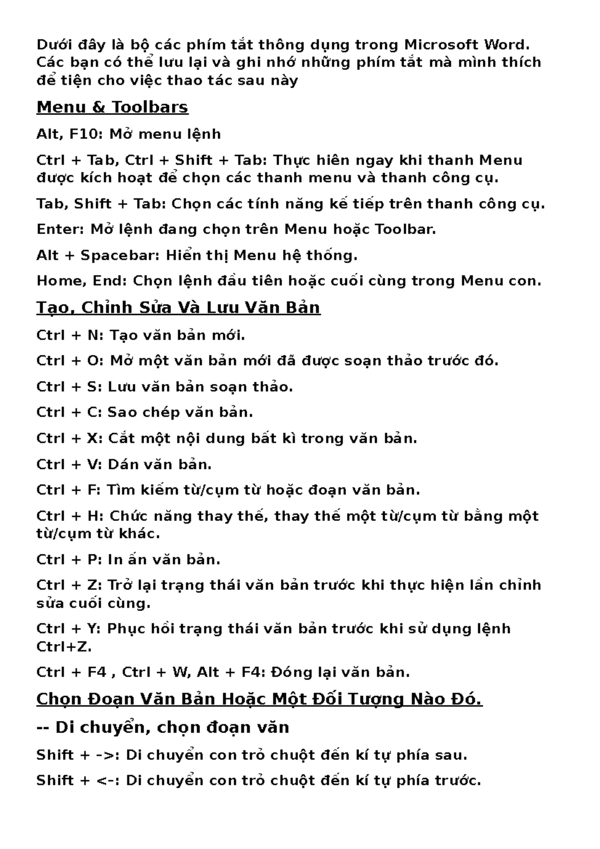 THAO TAC WORD - thao tác word - Dưới đây là bộ các phím tắt thông dụng ...