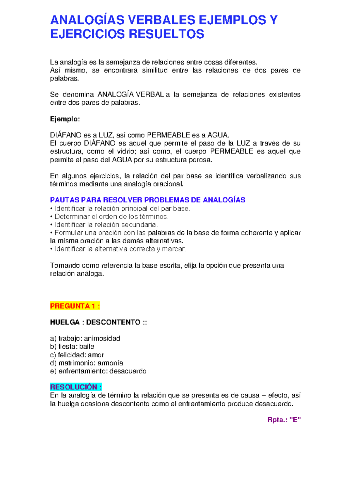 Hoja De Trabajo De Analogía De Palabras Sesión 2