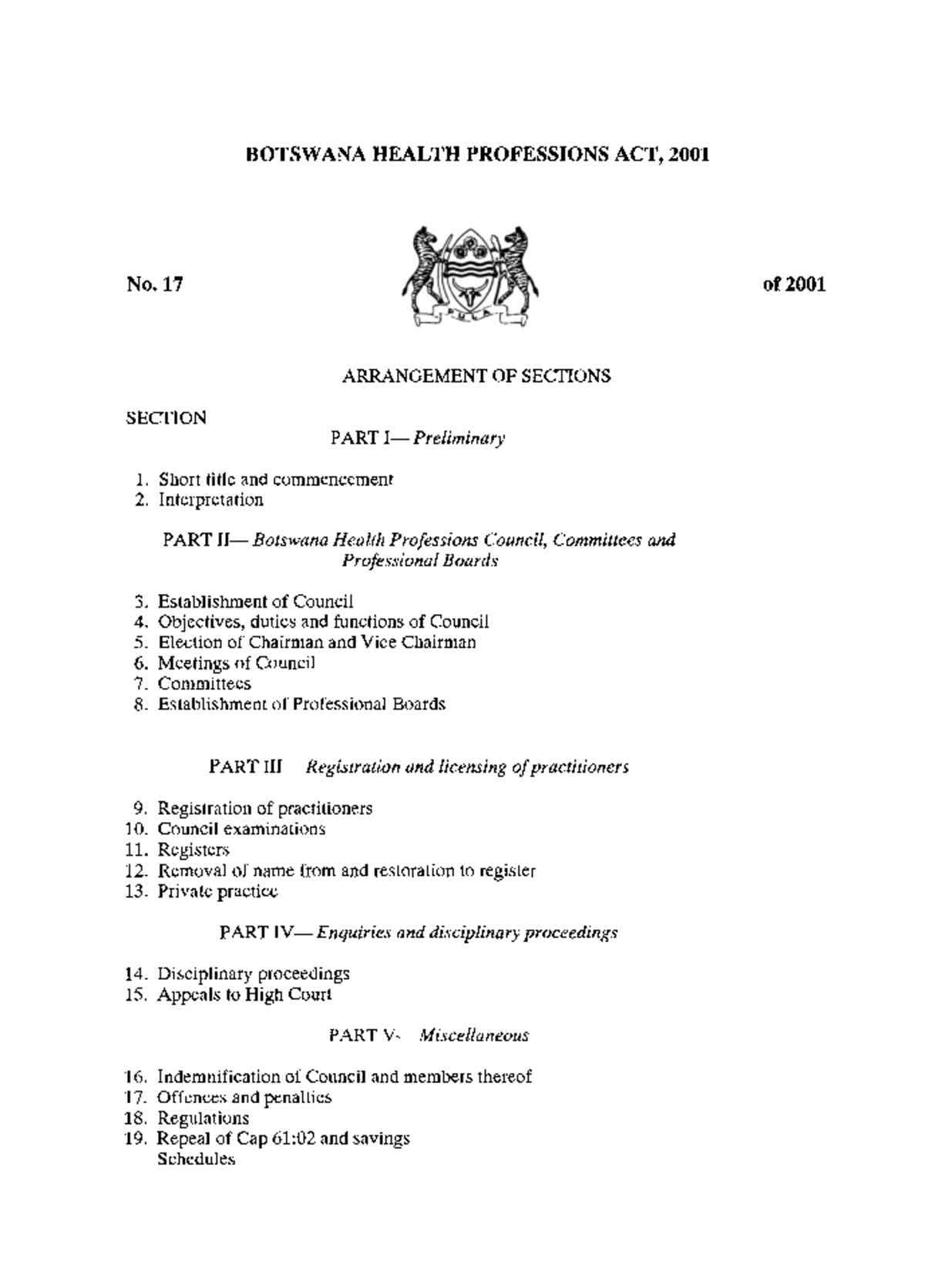 Botswana Health Professions Act, 2001: Comprehensive Overview - Studocu