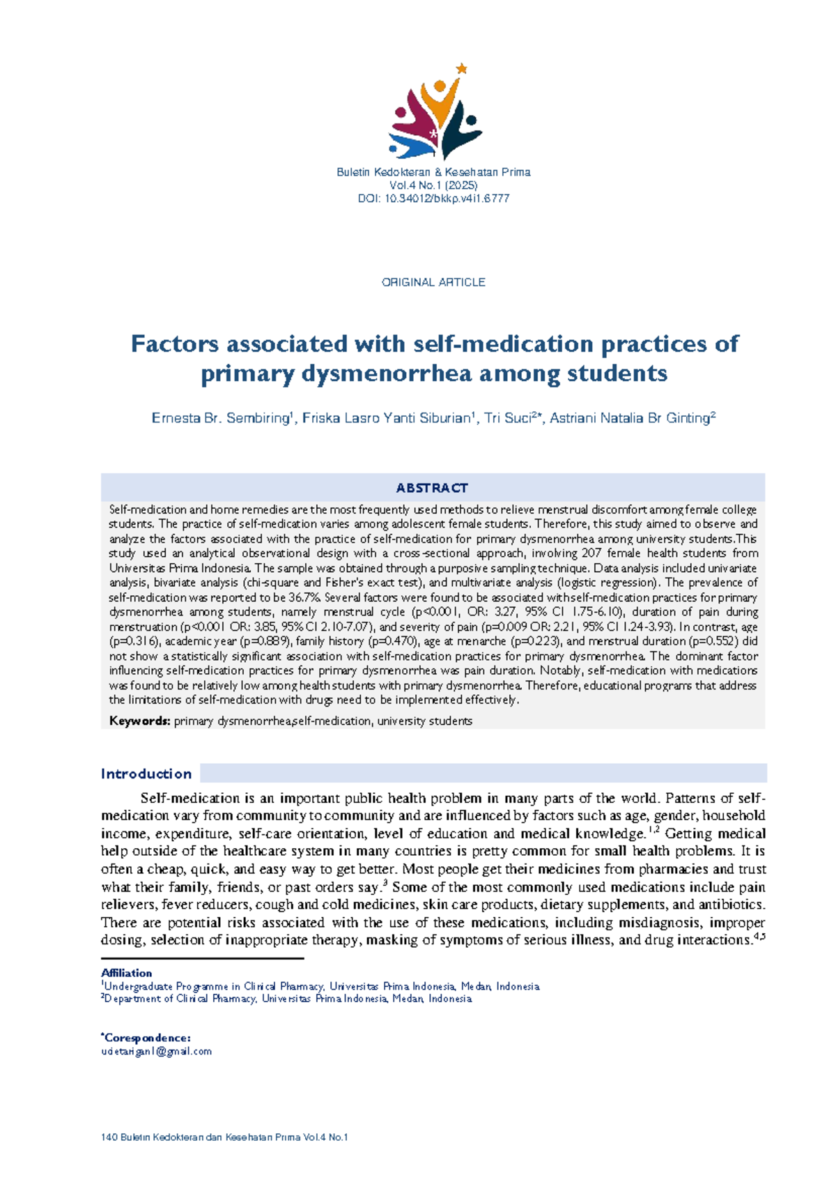 Factors Influencing Primary Dysmenorrhea Practices Among Health ...