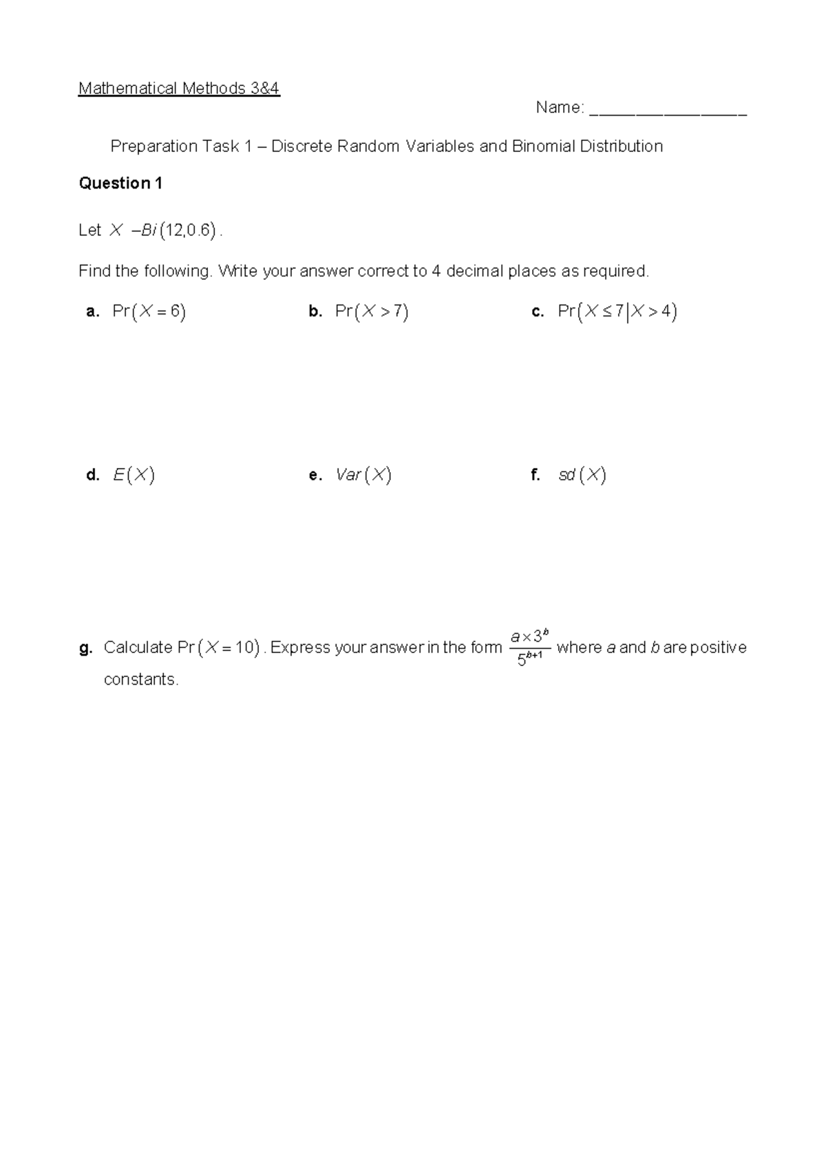 SAC 3 Preparation Task 1: Discrete Random Variables & Binomial ...